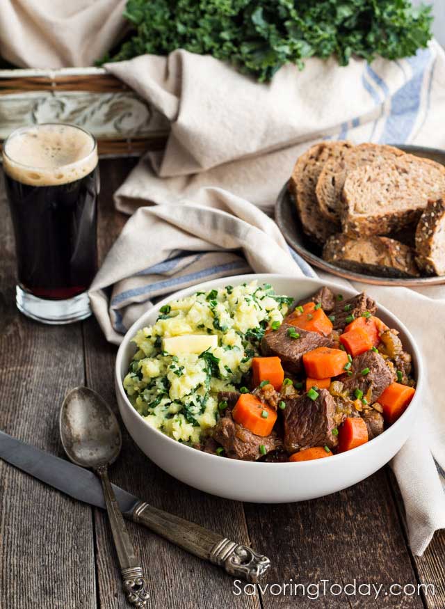 Guinness Irish Beef Stew with Sweet Potato Colcannon | Savoring Today